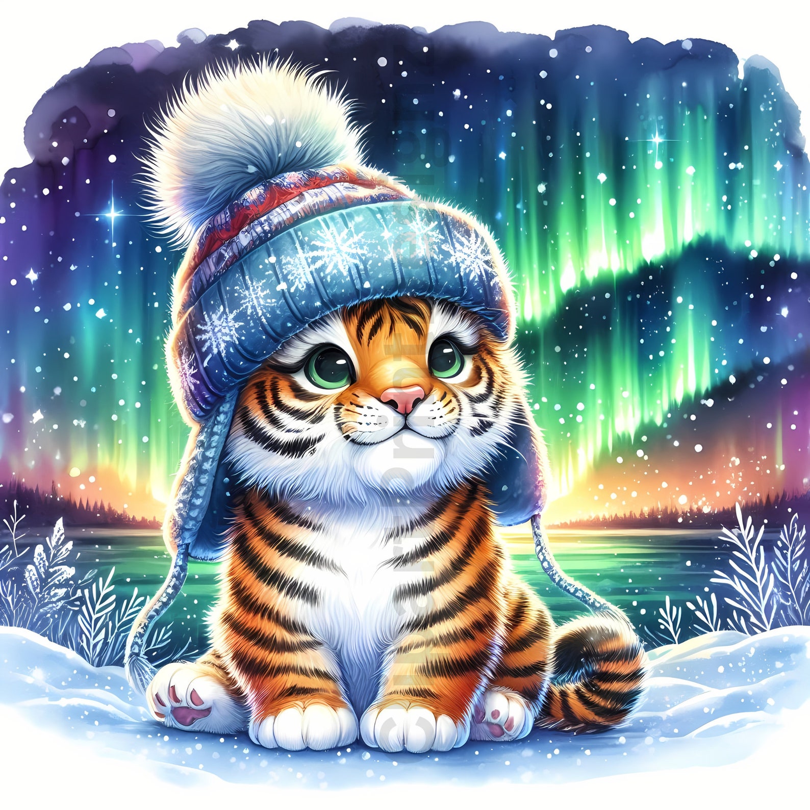 Cute Winter Tiger Clipart Bundle, Festive Watercolor Clip Art Images ...