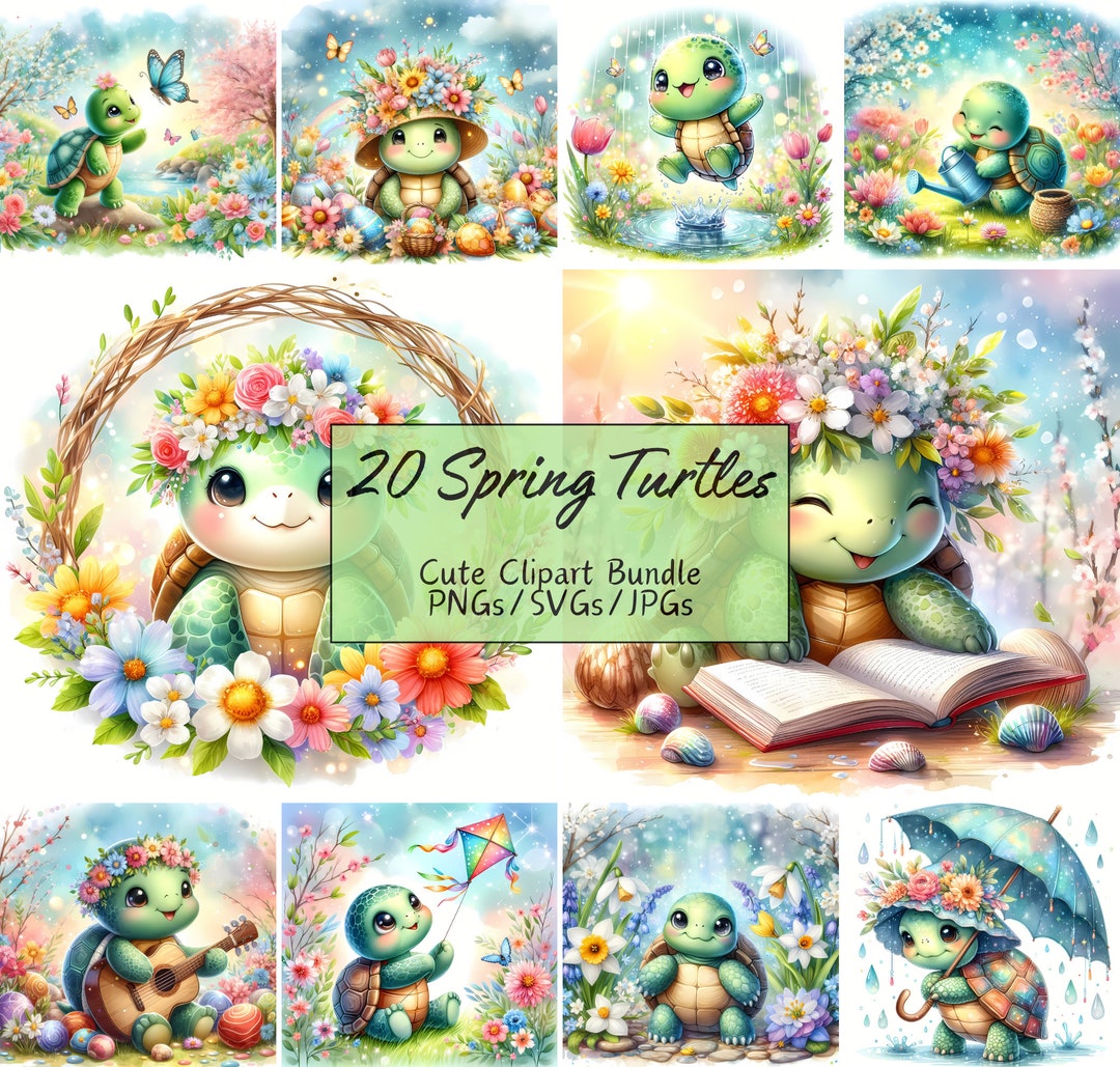 Cute Spring Turtles Clipart Bundle, Watercolor Clip Art Images, 20 High ...