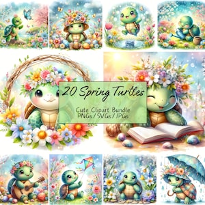 Cute Spring Turtles Clipart Bundle, Watercolor Clip Art Images, 20 High ...
