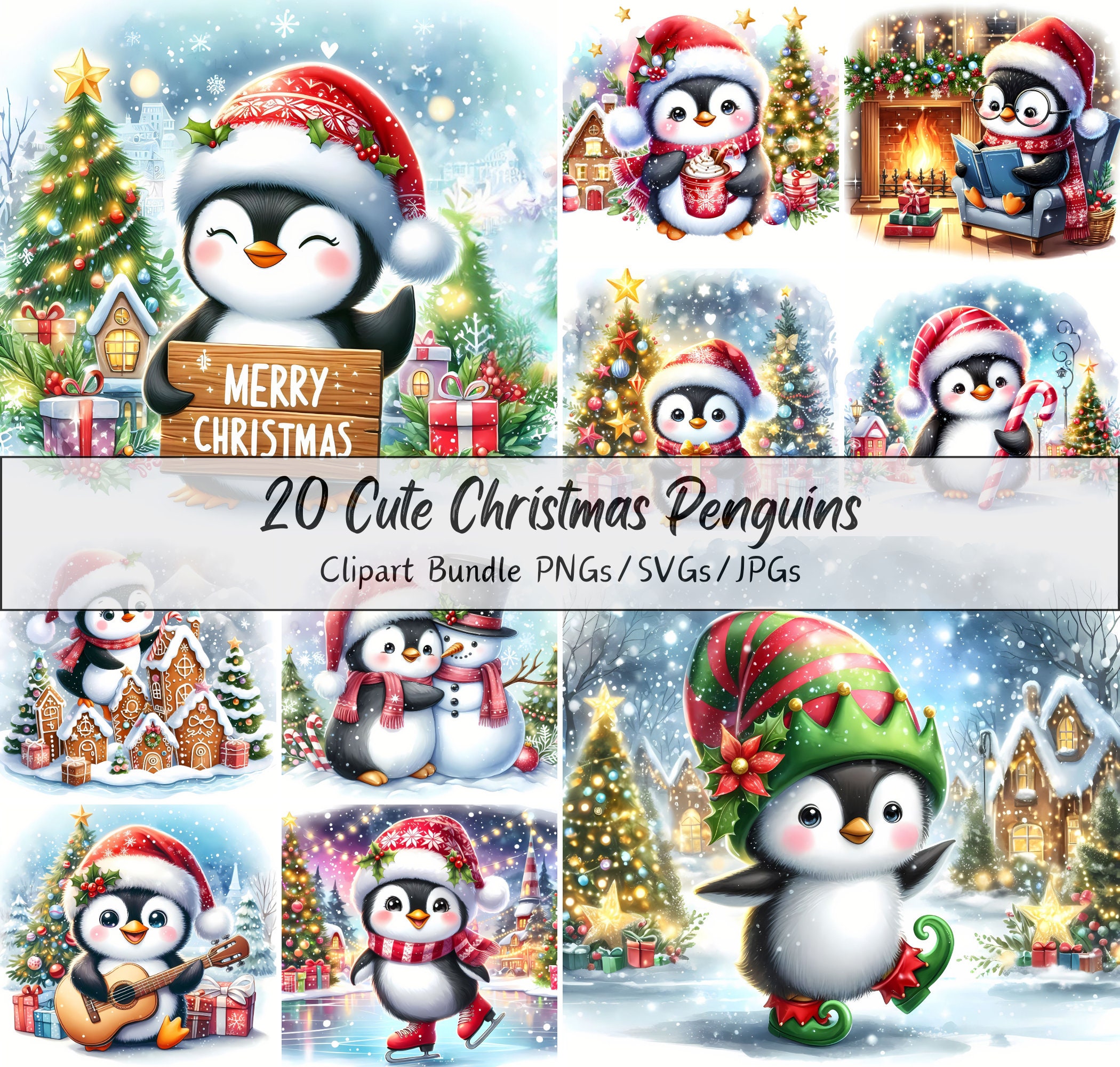 Cute Christmas Penguins Clipart Bundle, Xmas Penguin Clip Art Images ...