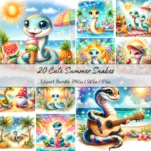 Cute Summer Snakes Clipart Bundle, Watercolor Snake Clip Art Images ...