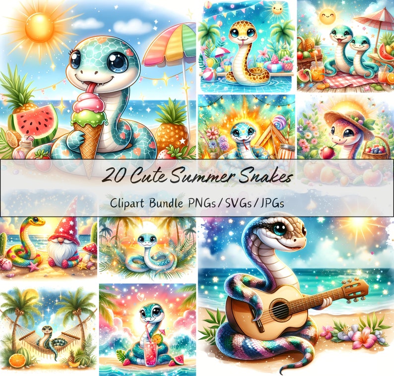 Cute Summer Snakes Clipart Bundle, Watercolor Snake Clip Art Images ...