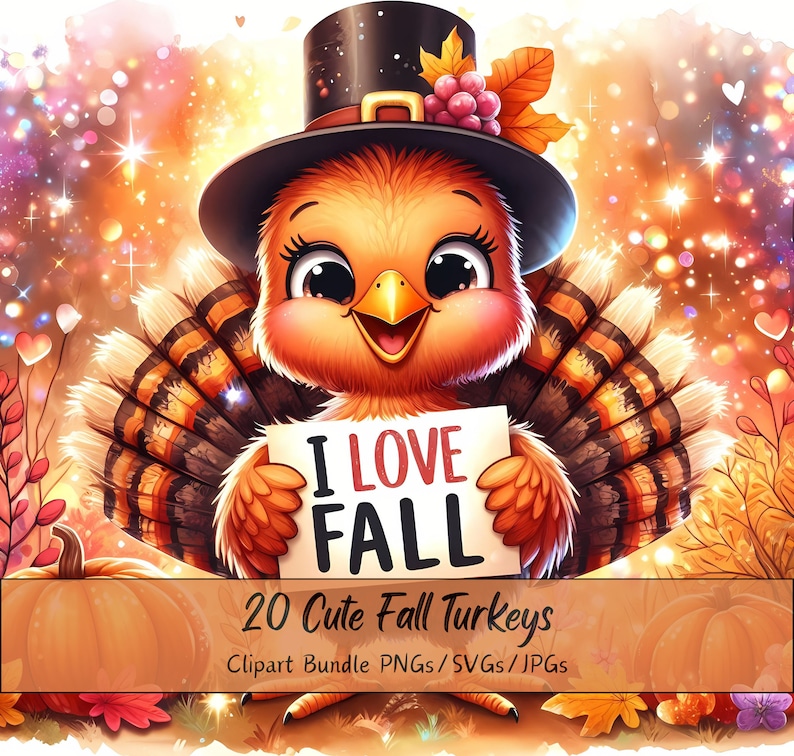 Cute Fall Turkeys Clipart Bundle, Watercolor Turkey Clip Art Images ...