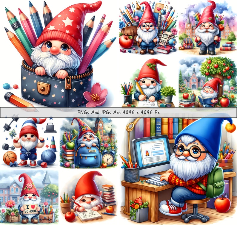 Cute Back to School Gnomes Clipart Bundle, Watercolor Gnome Clip Art ...