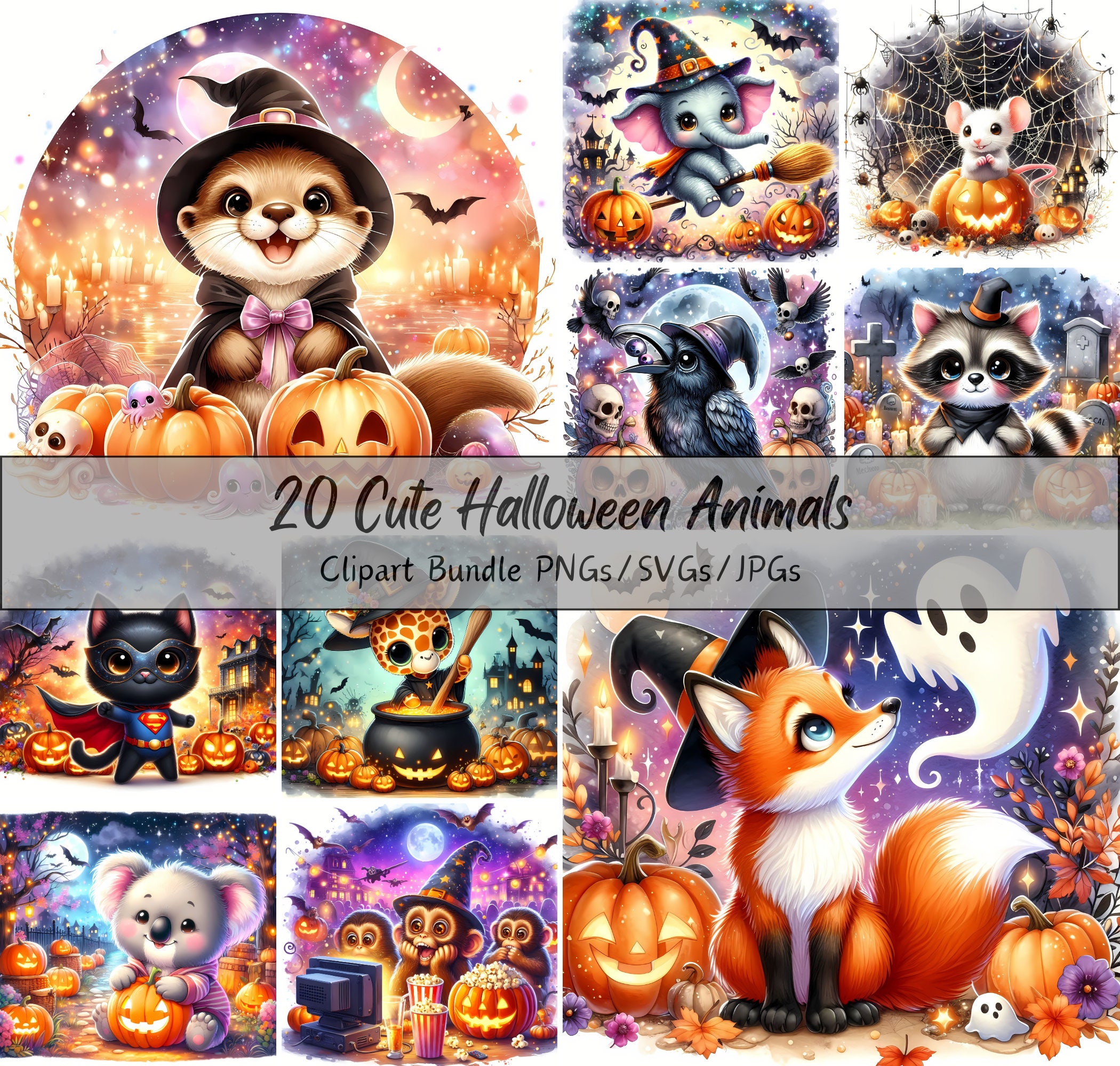 Cute Halloween Animals Clipart Bundle, Watercolor Clip Art Images, High ...