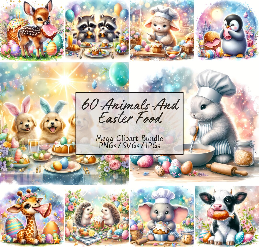 60 Animals and Easter Food Clipart Bundle, High Quality Watercolor ...