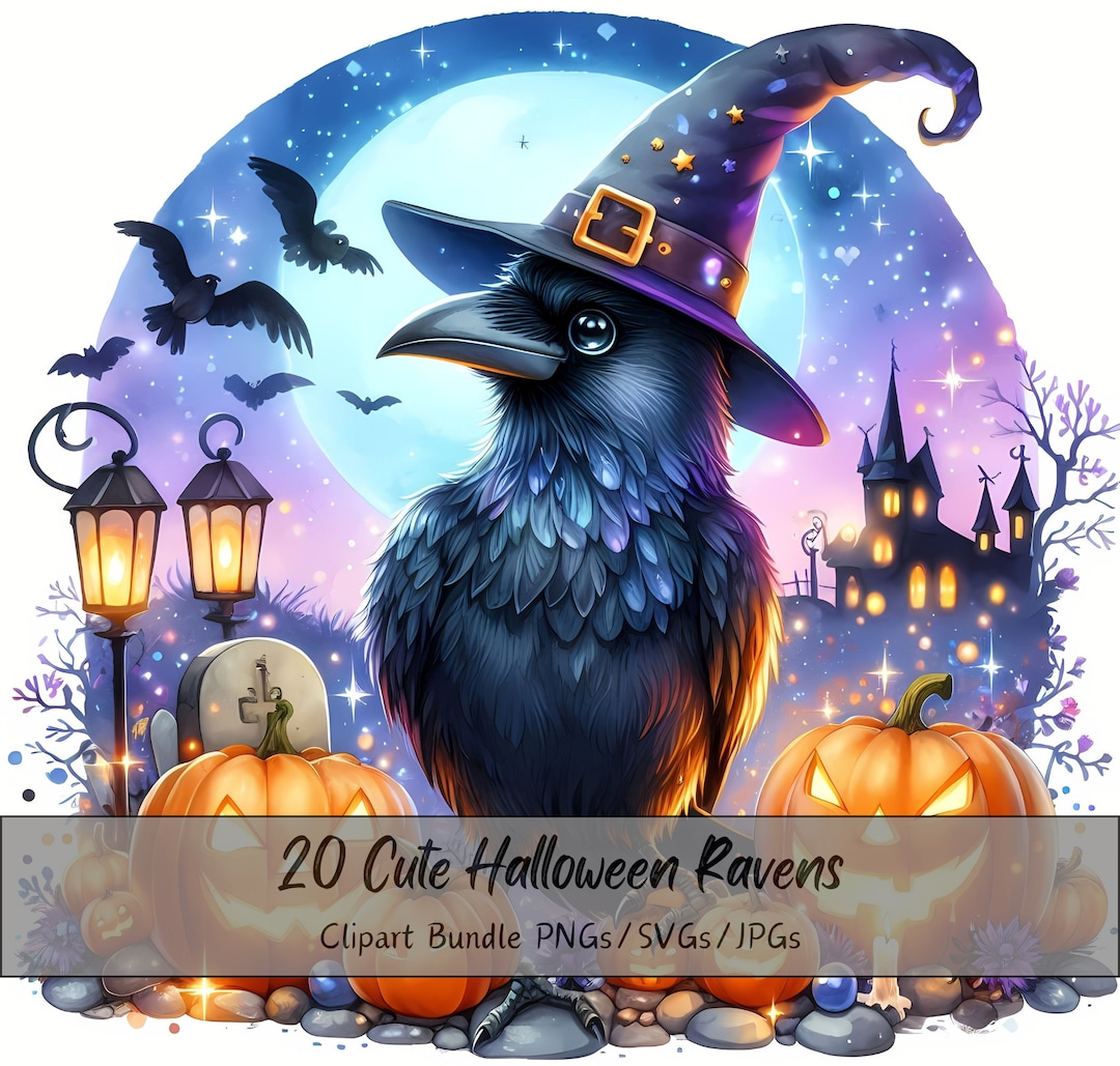 Cute Halloween Ravens Clipart Bundle, Watercolor Raven Clip Art Images ...