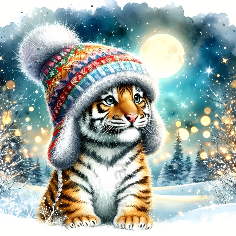 Cute Winter Tiger Clipart Bundle, Festive Watercolor Clip Art Images ...