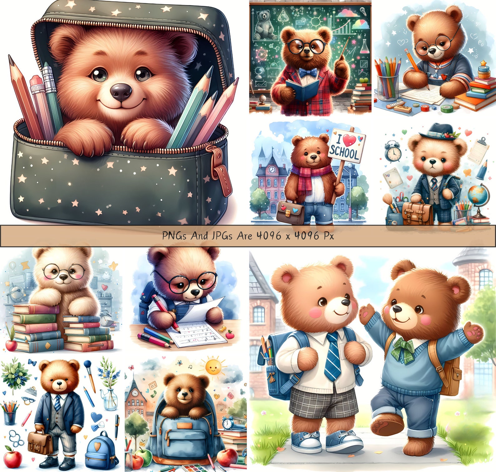 Cute Back to School Bears Clipart Bundle, Watercolor Bear Clip Art ...