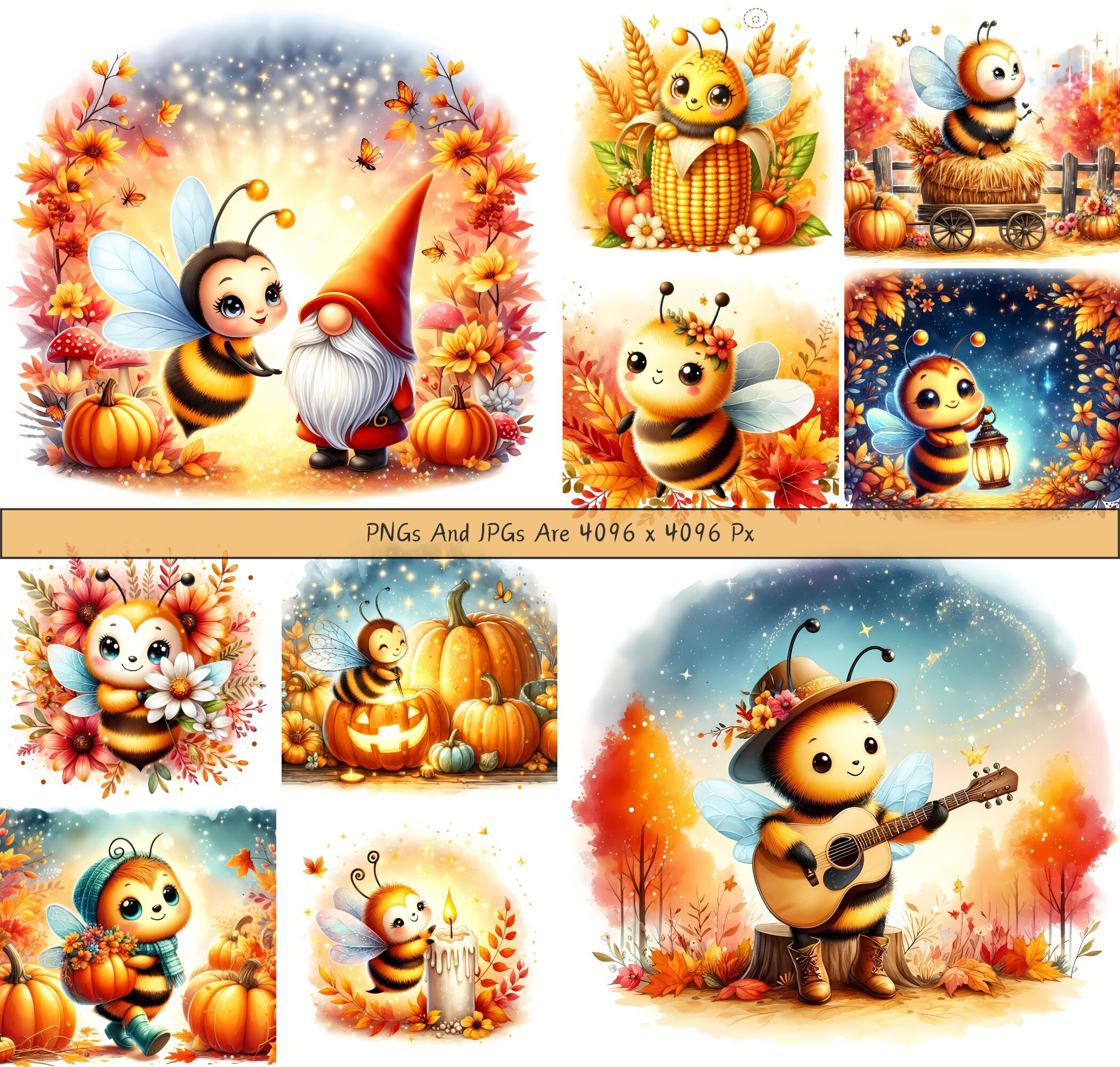 Cute Fall Bees Clipart Bundle, Watercolor Bee Clip Art Images, High ...