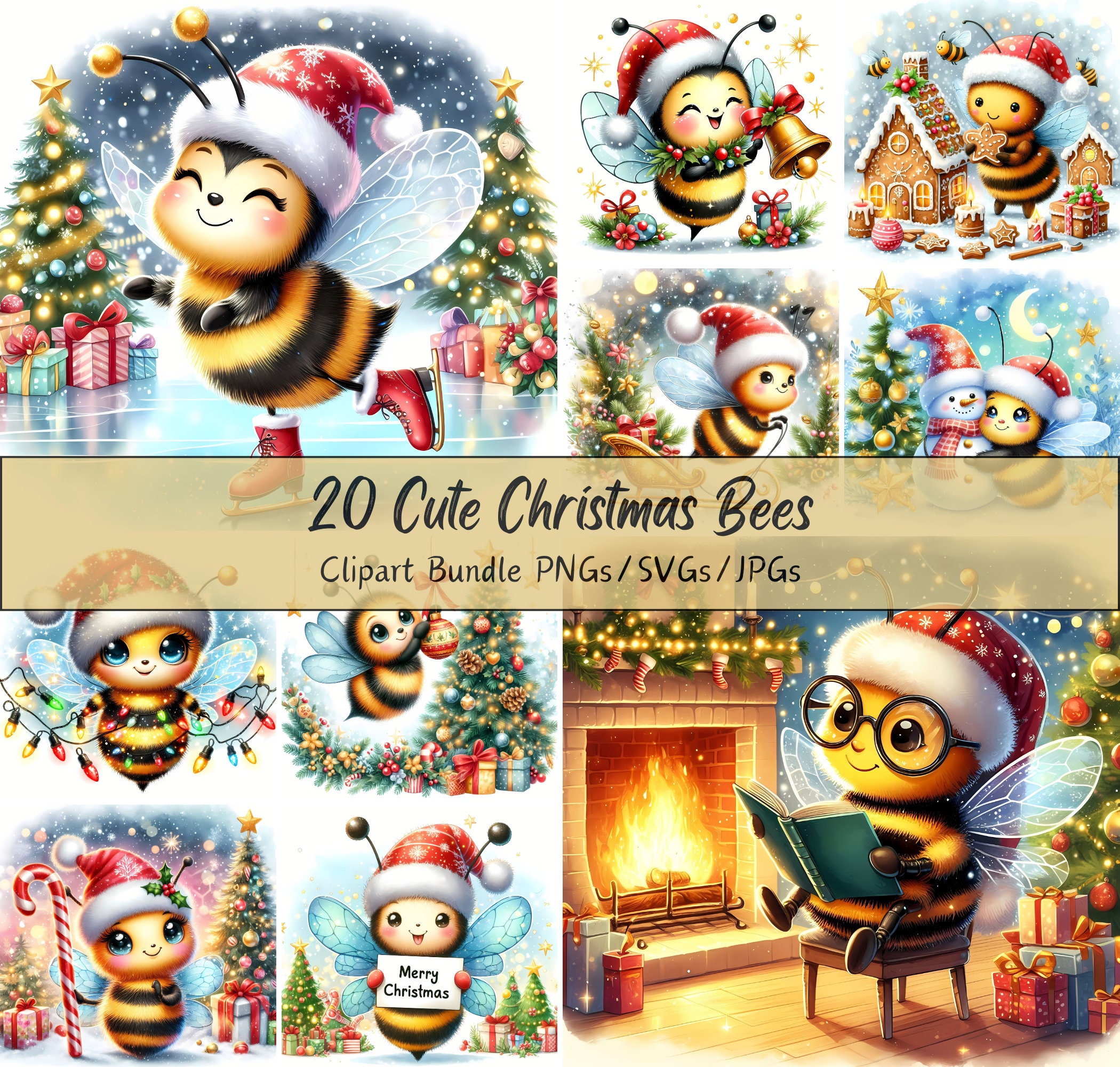 Cute Christmas Bees Clipart Bundle, Xmas Bee Clip Art Images ...