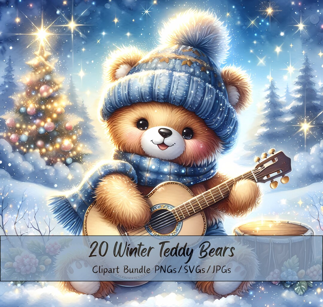 Cute Winter Teddy Bear Clipart Bundle, Festive Watercolor Clip Art Images, 20 High Quality Pngs ...