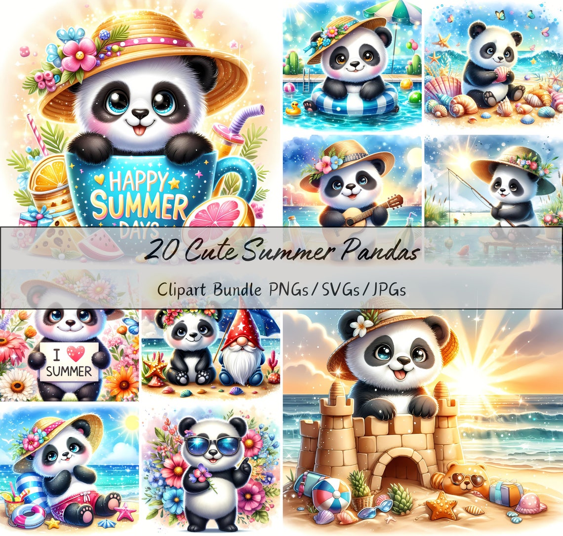 Cute Summer Pandas Clipart Bundle, Watercolor Panda Clip Art Images ...