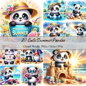 Cute Summer Pandas Clipart Bundle, Watercolor Panda Clip Art Images ...