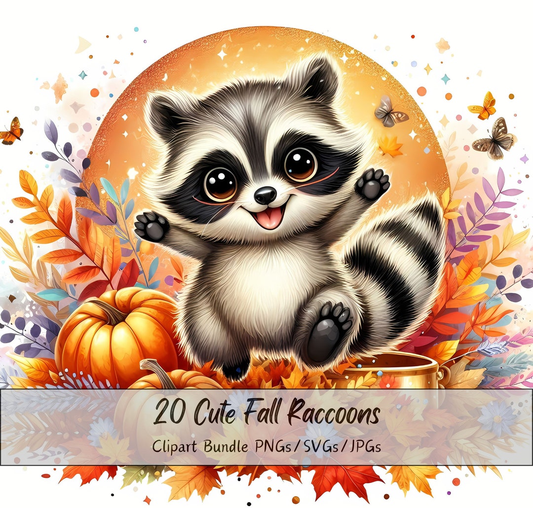Cute Fall Raccoons Clipart Bundle, Watercolor Autumn Raccoon Clip Art ...