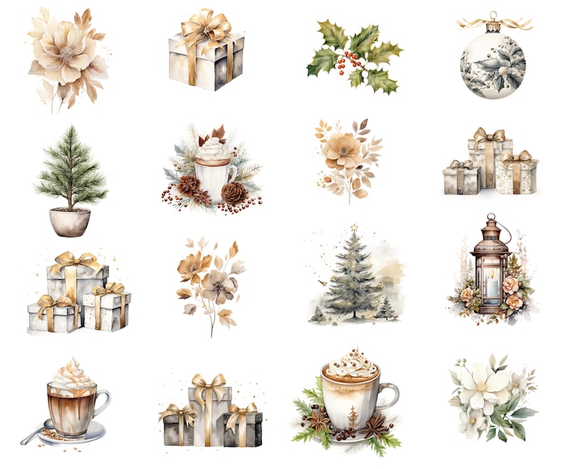 Cozy Christmas Clipart Bundle, Neutral Color, Watercolor Holiday ...