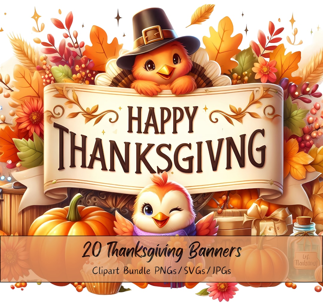 Happy Thanksgiving Banners Clipart Bundle, Watercolor Clip Art Images ...