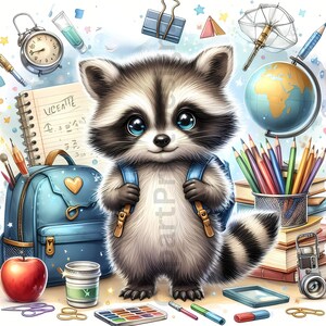 Cute Back to School Raccoons Clipart Bundle, Watercolor Raccoon Clip ...