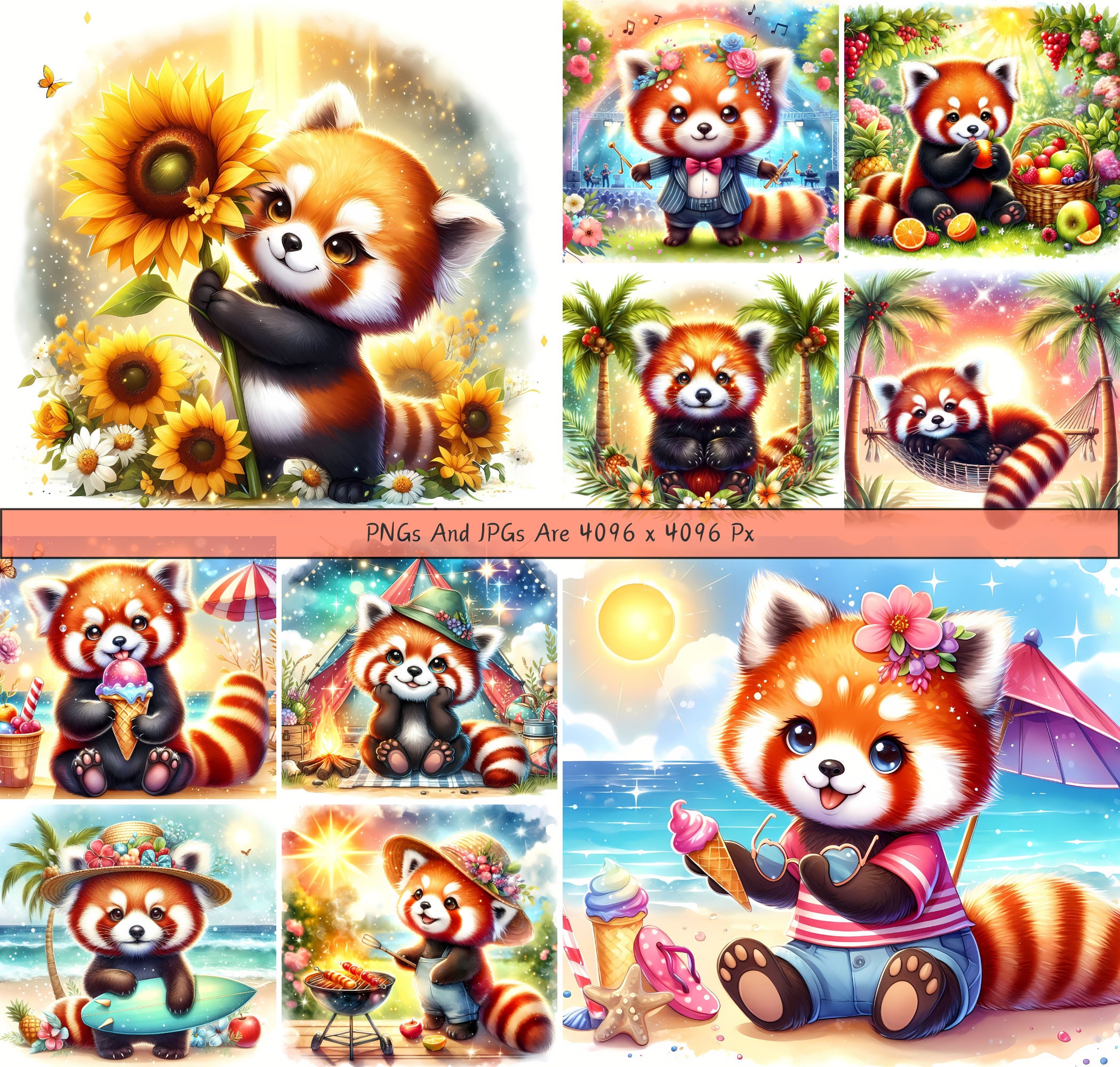 Cute Summer Red Pandas Clipart Bundle, Watercolor Panda Clip Art Images ...