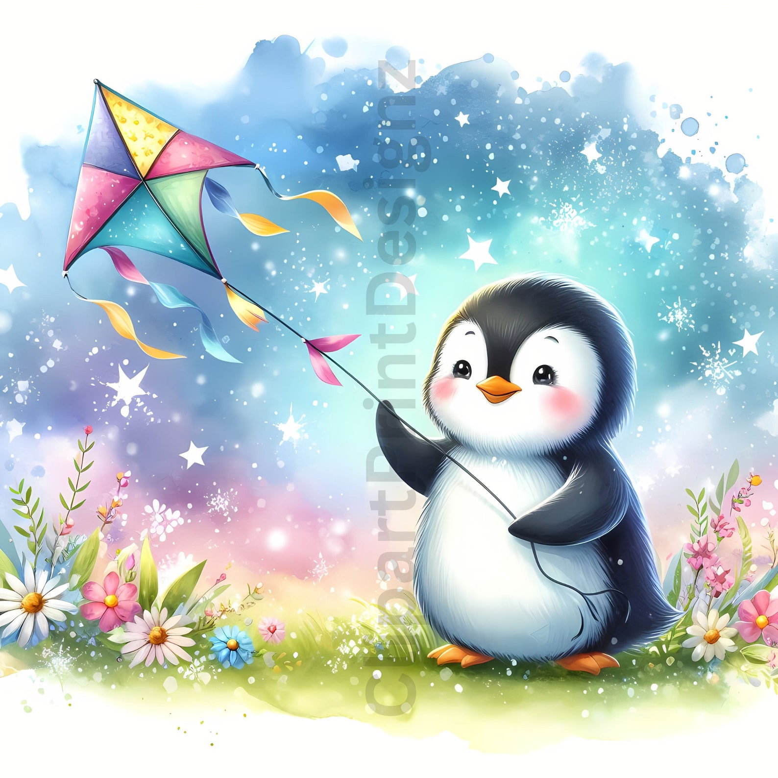 Cute Spring Animals Kite Flying Clipart Bundle, Watercolor Clip Art ...