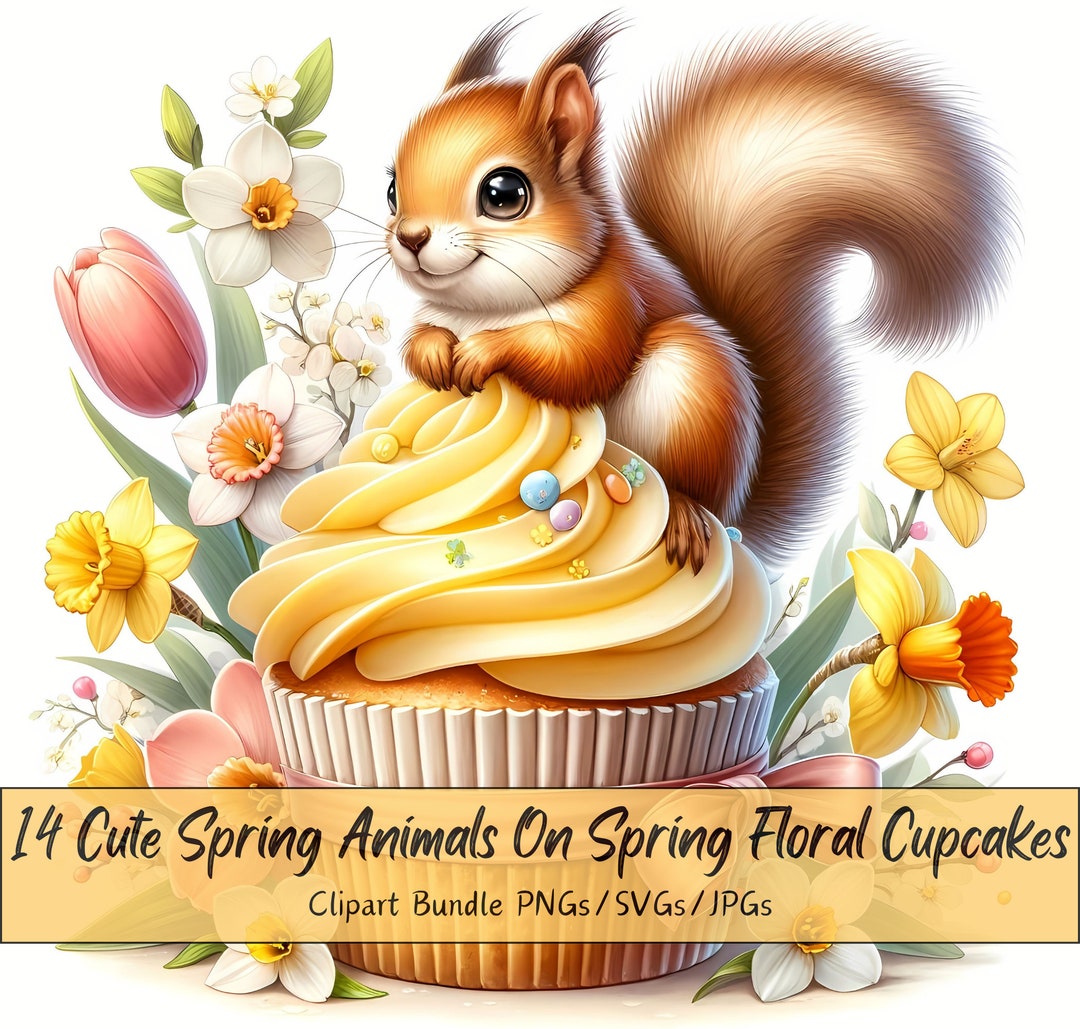 Cute Spring Animals and Spring Cupcakes Clipart Bundle, Watercolor Clip ...