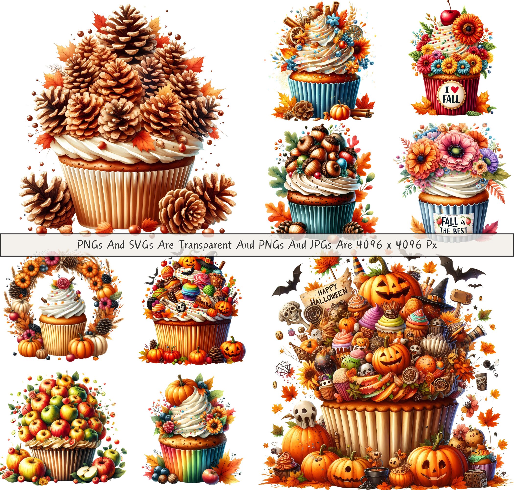 Fall Cupcakes Clipart Bundle, Watercolor Clip Art Images, High Quality ...