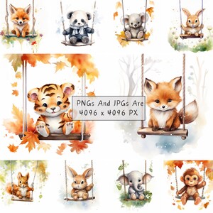 90 Cute Watercolor Animals on Swings, Baby Nursery Animal Clipart ...