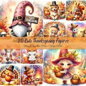 Happy Thanksgiving Figures Clipart Bundle, Watercolor Figurine Clip Art ...
