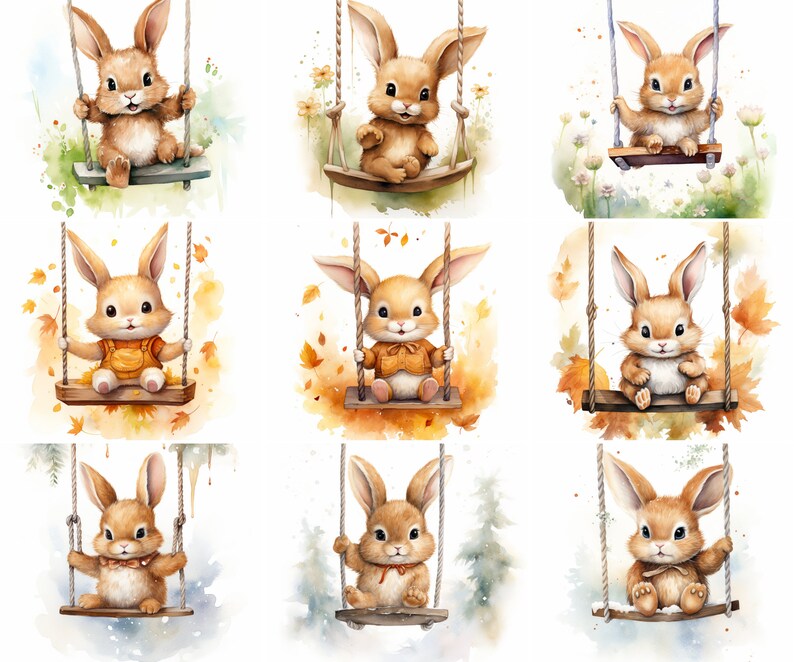 90 Cute Watercolor Animals on Swings, Baby Nursery Animal Clipart ...