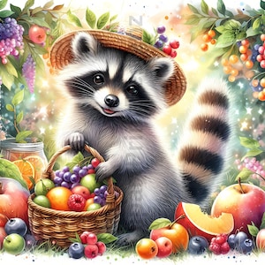 Cute Summer Raccoons Clipart Bundle, Watercolor Raccoon Clip Art Images ...