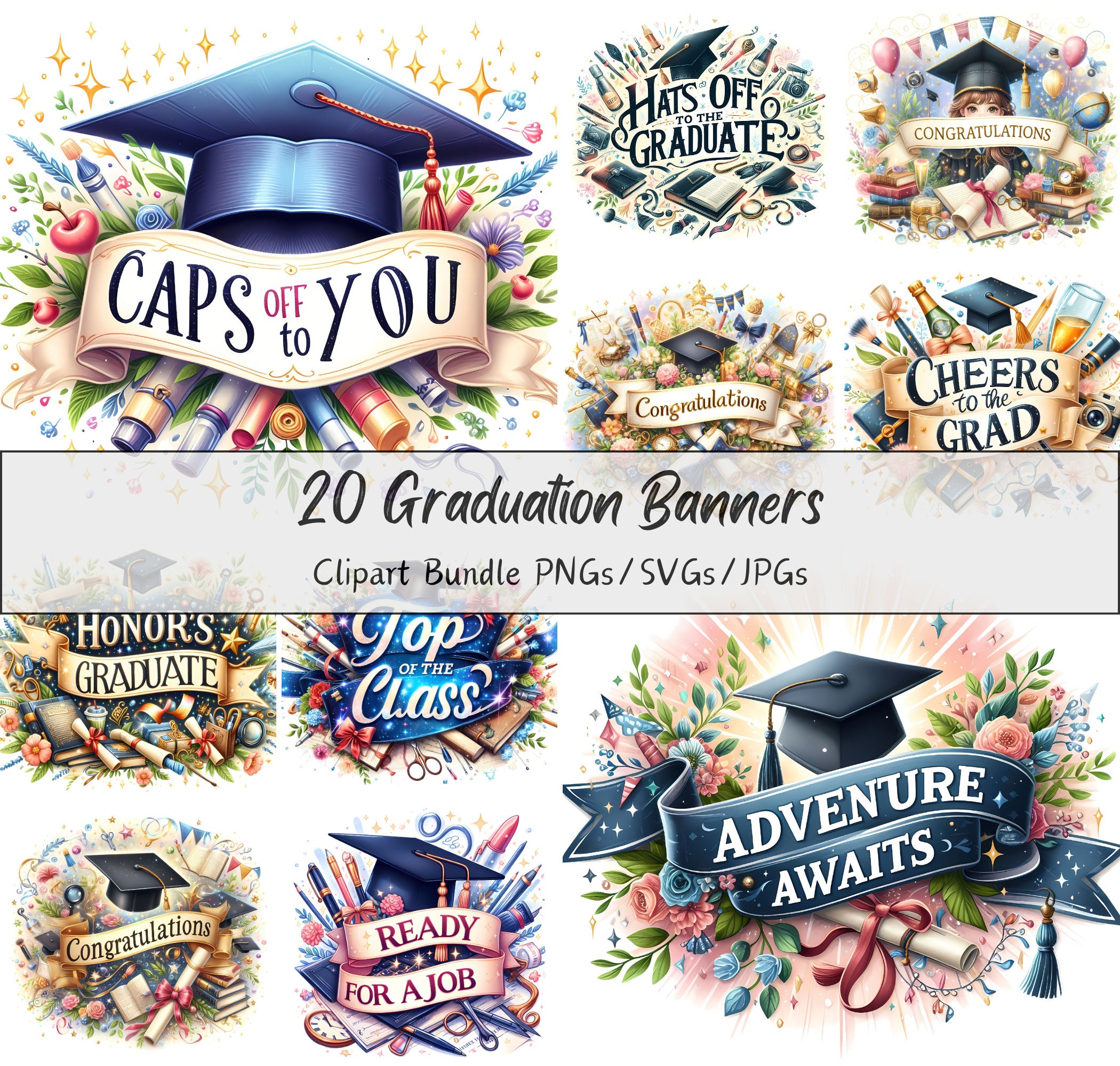 Graduation Banners Clipart Bundle, Watercolor Clip Art Images, High ...