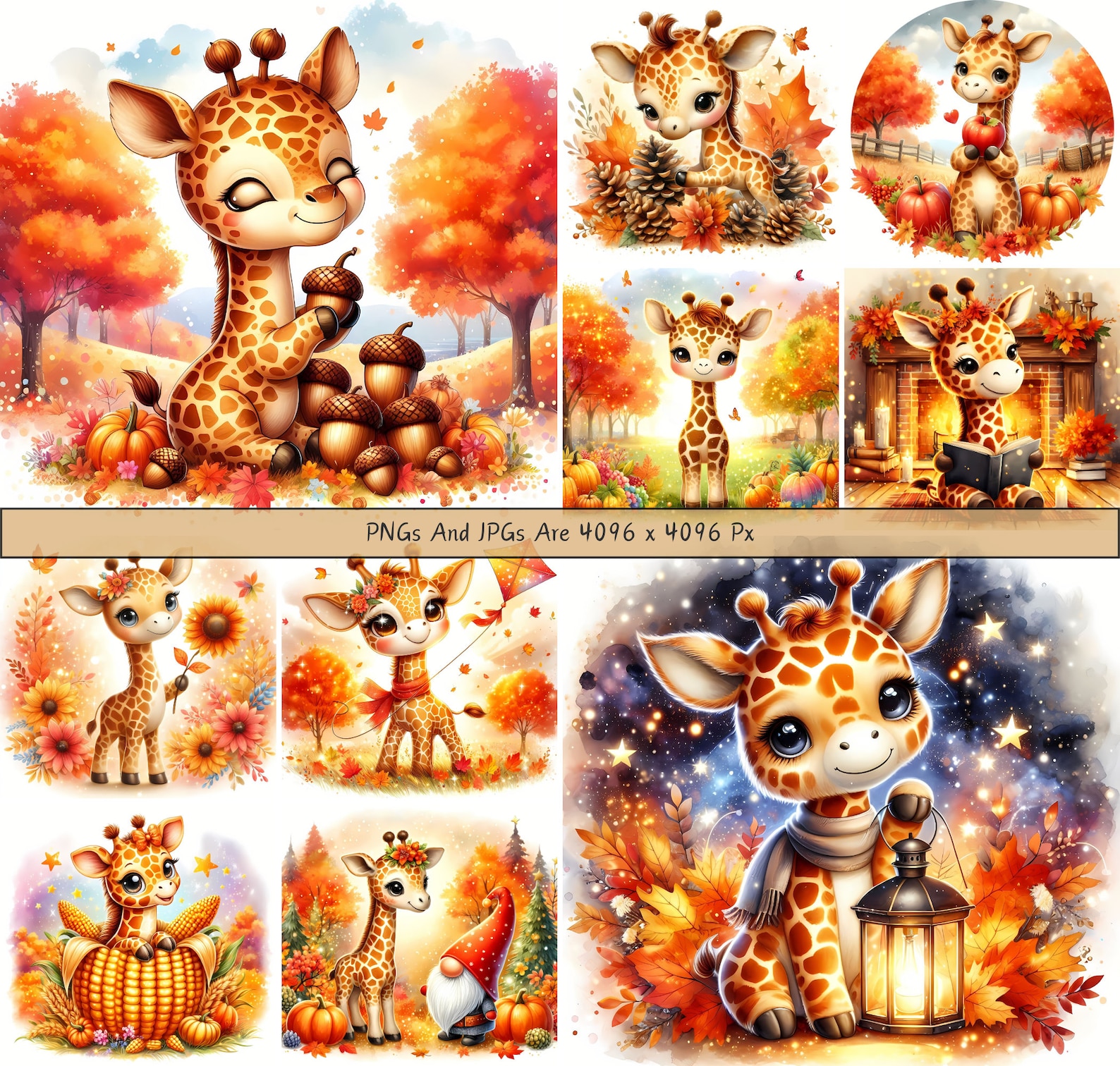 Cute Fall Giraffes Clipart Bundle, Watercolor Giraffe Clip Art Images ...