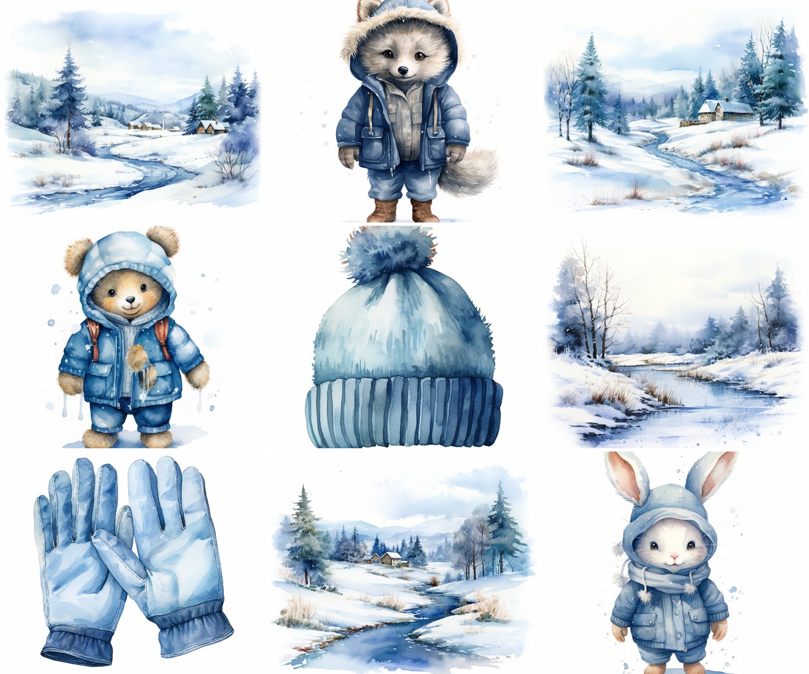 Cozy Winter Clipart Bundle, Blue Winter, Cute Watercolor Christmas ...