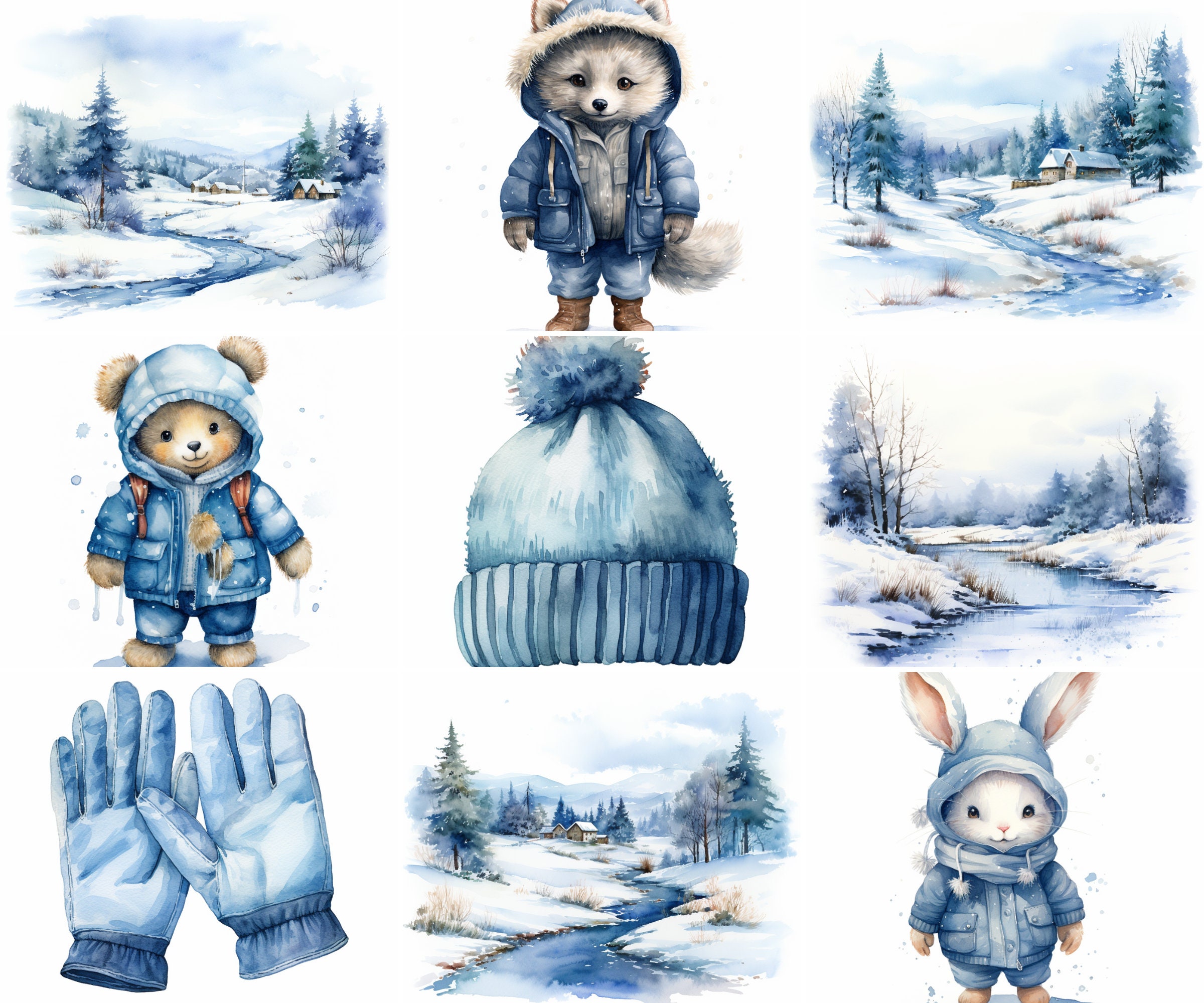Cozy Winter Clipart Bundle, Blue Winter, Cute Watercolor Christmas ...