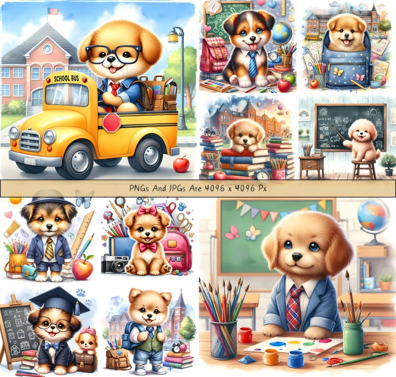 Cute Back to School Dogs Clipart Bundle, Watercolor Dog Clip Art Images ...