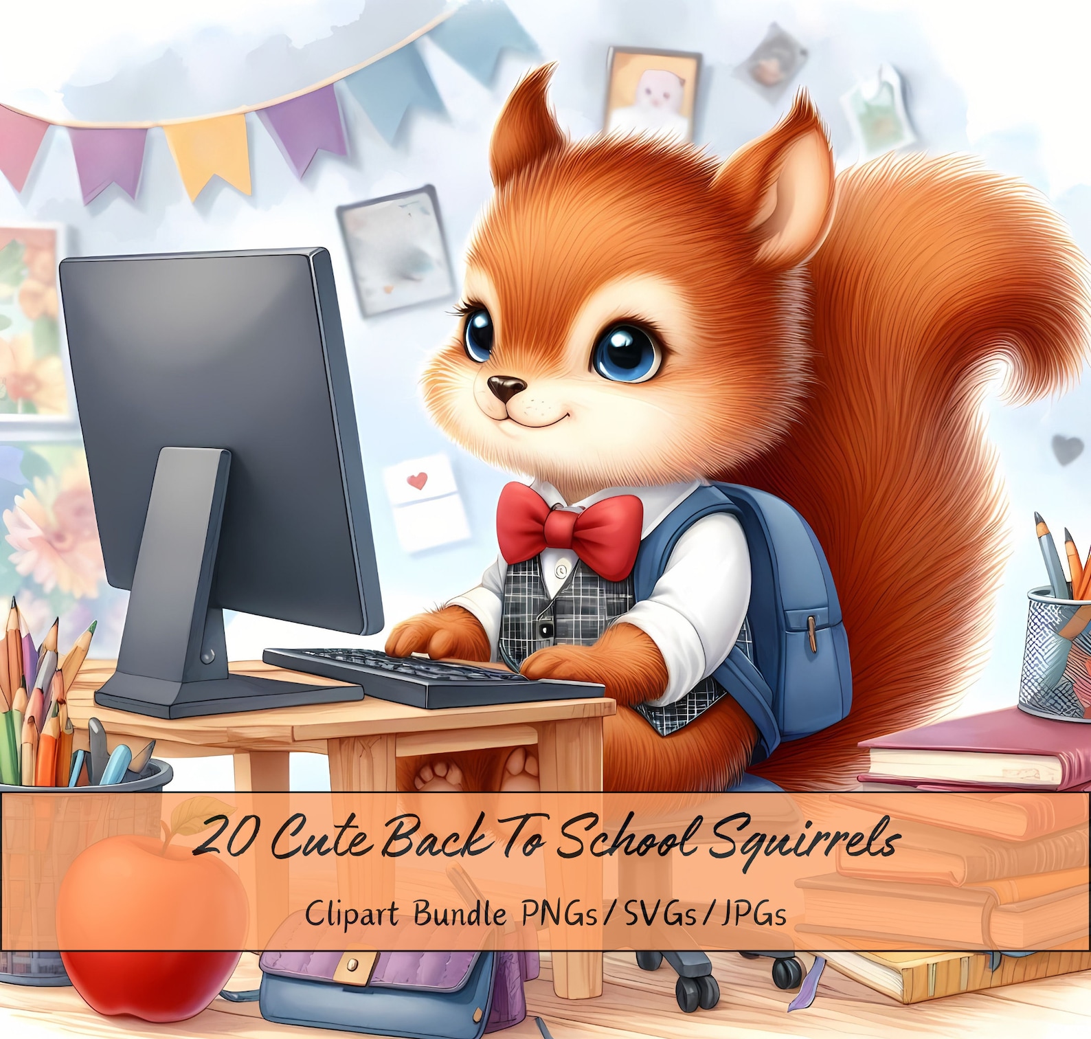Cute Back to School Squirrels Clipart Bundle, Watercolor Squirrel Clip ...