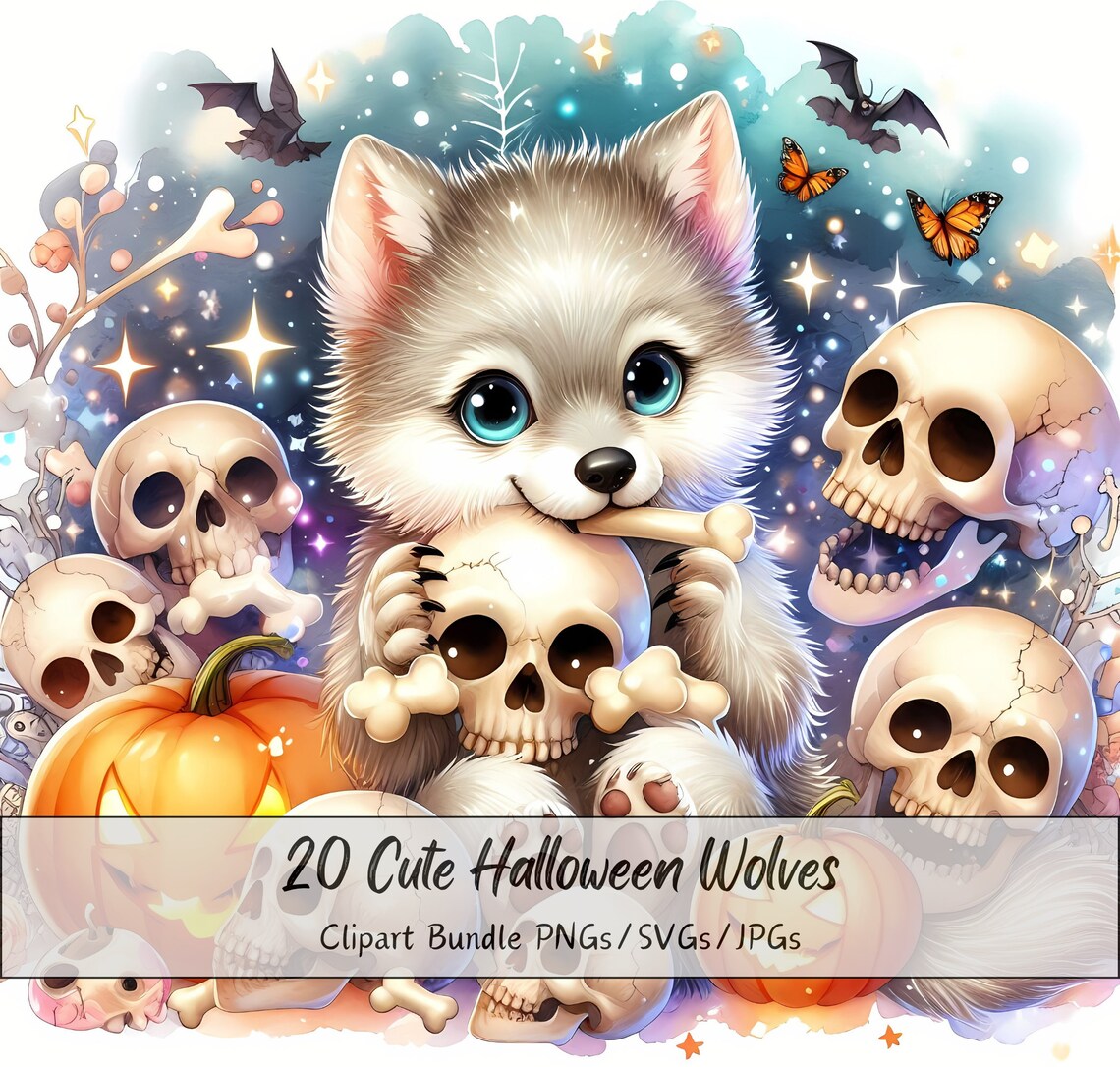 Cute Halloween Wolves Clipart Bundle, Watercolor Wolf Clip Art Images ...