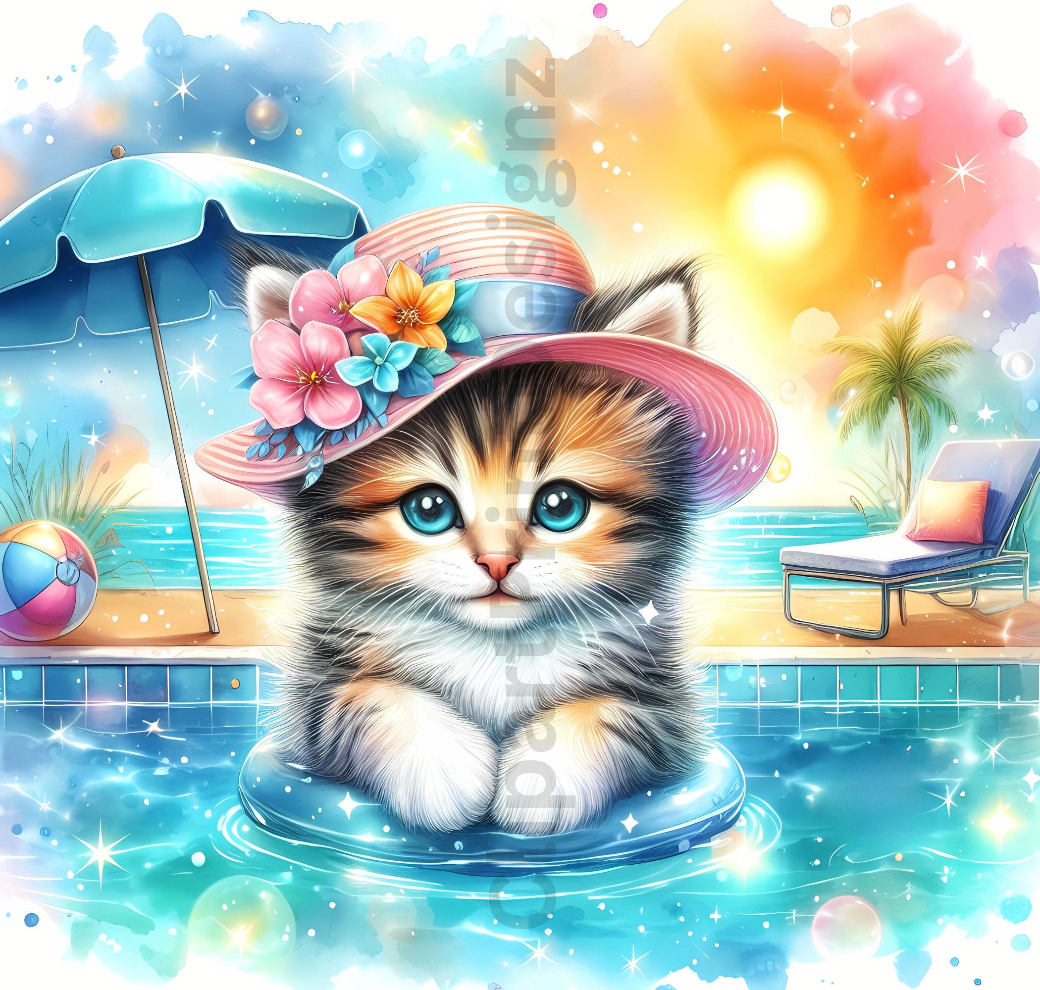 Cute Summer Kittens Clipart Bundle, Watercolor Kitten Clip Art Images ...