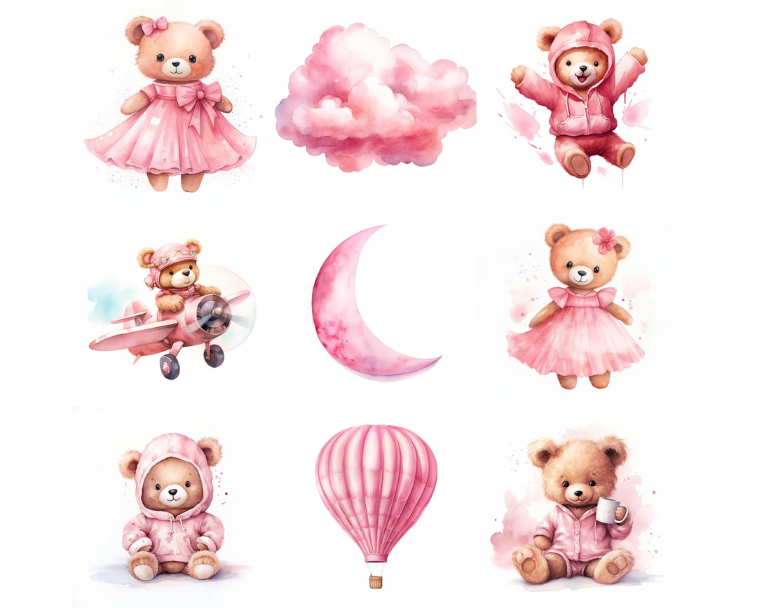 Pink Watercolor Teddy Bear Clipart Bundle, Cute Baby Shower Clipart ...