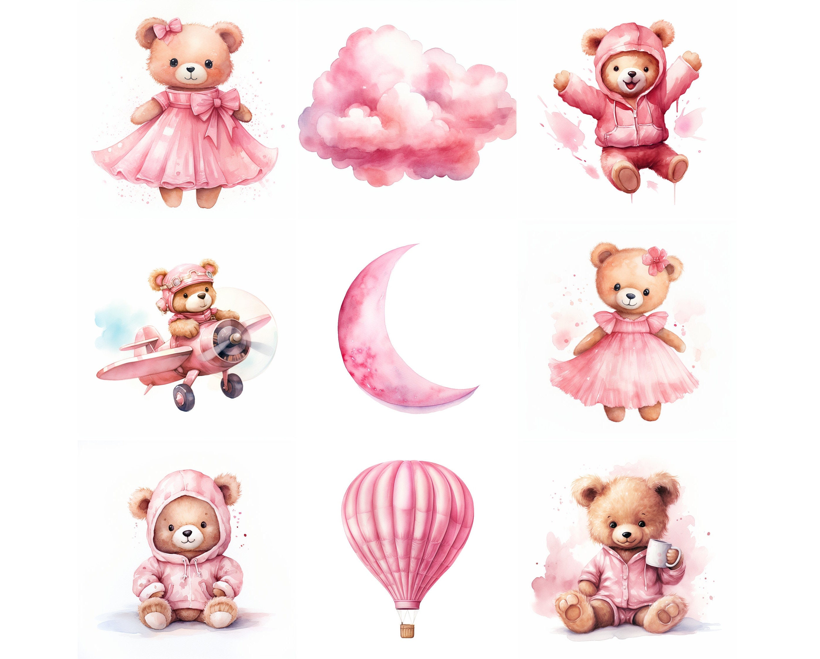 Pink Watercolor Teddy Bear Clipart Bundle, Cute Baby Shower Clipart ...