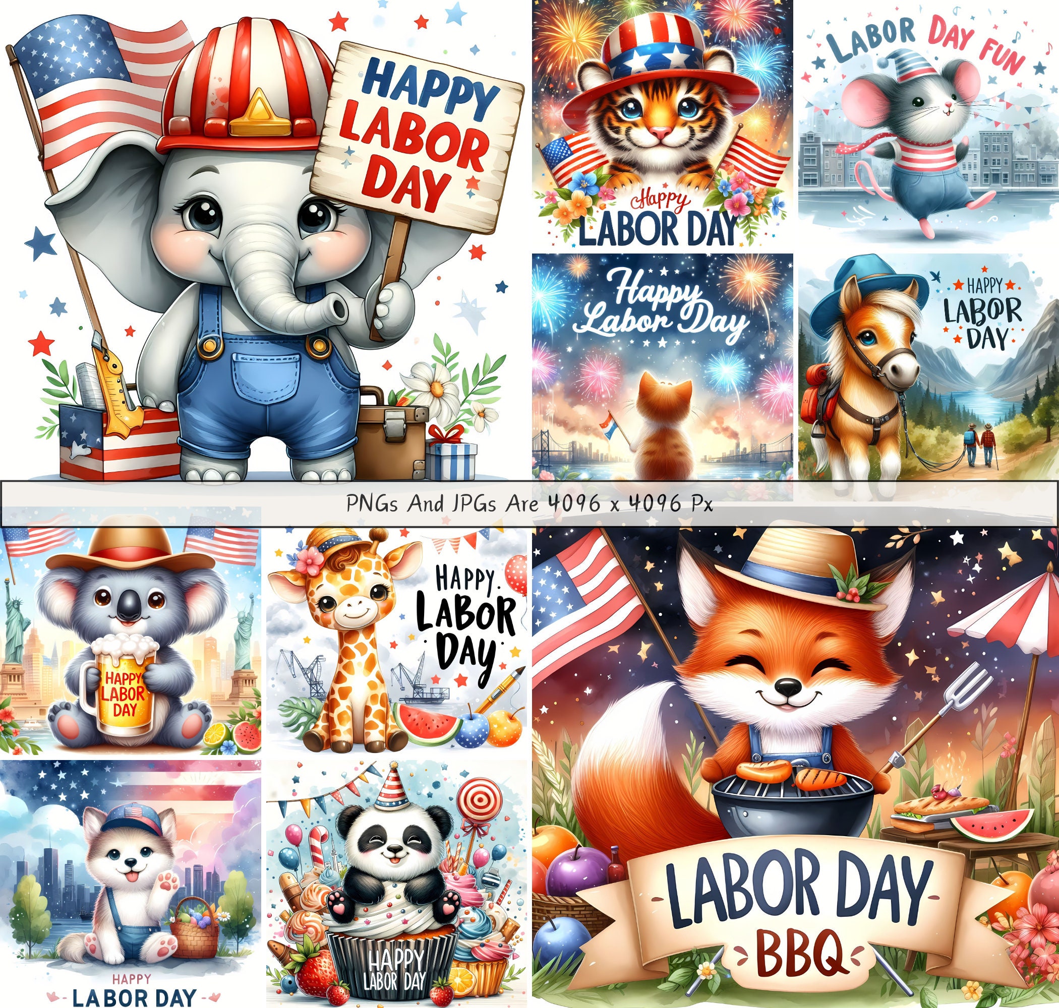 Cute Labor Day Animals Clipart Bundle, Watercolor Patriotic Files ...