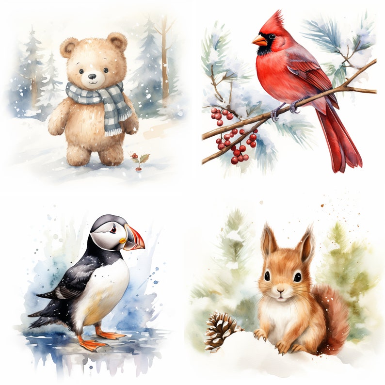 20 Cute Baby Winter Animals Clipart Bundle, Watercolor Animals, Digital ...