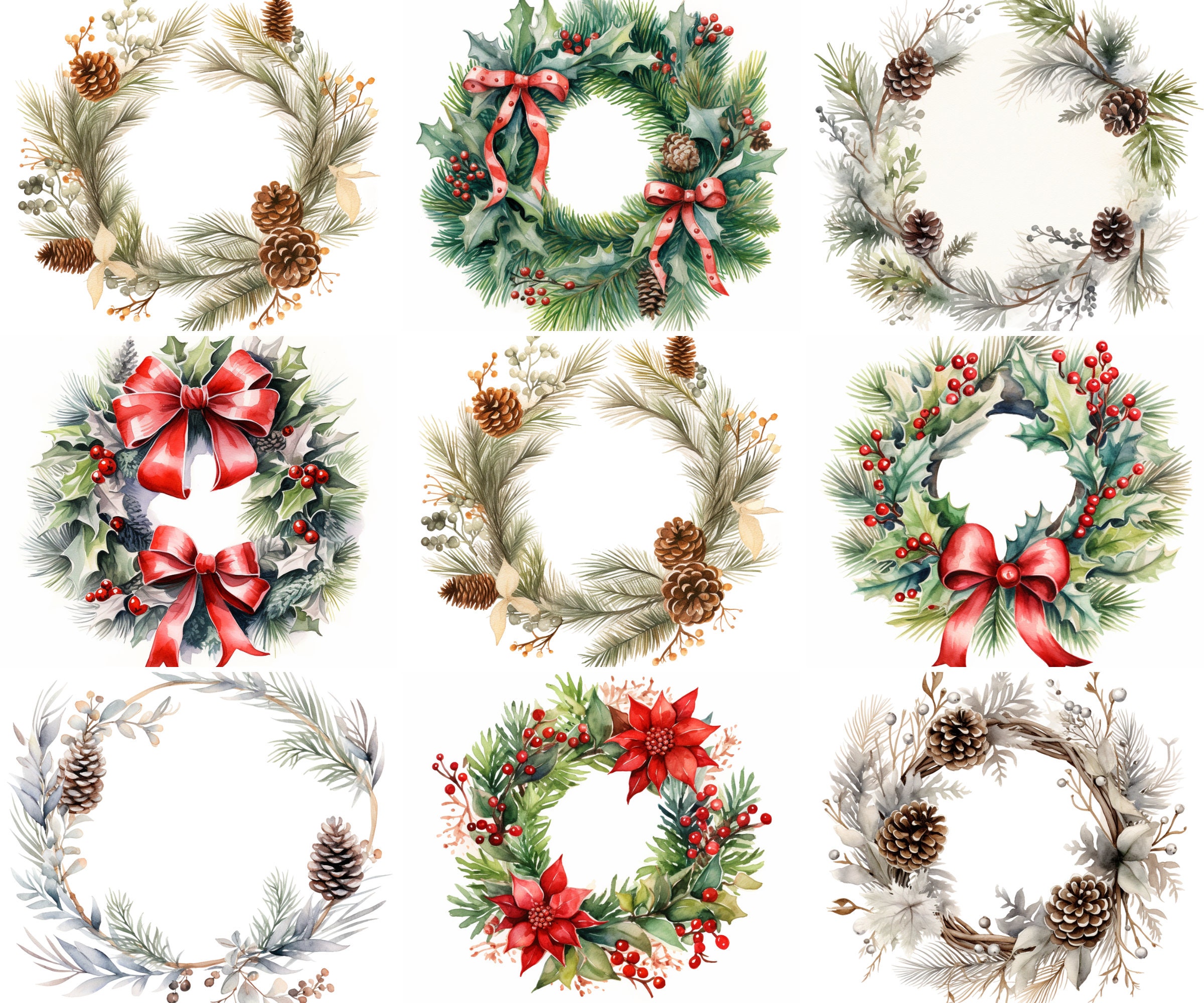 55 Watercolor Christmas Wreaths Clipart Bundle, Winter Clipart, Holiday ...