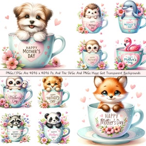 Cute Animals in Happy Mother's Day Cups Clipart Bundle, Watercolor Clip ...