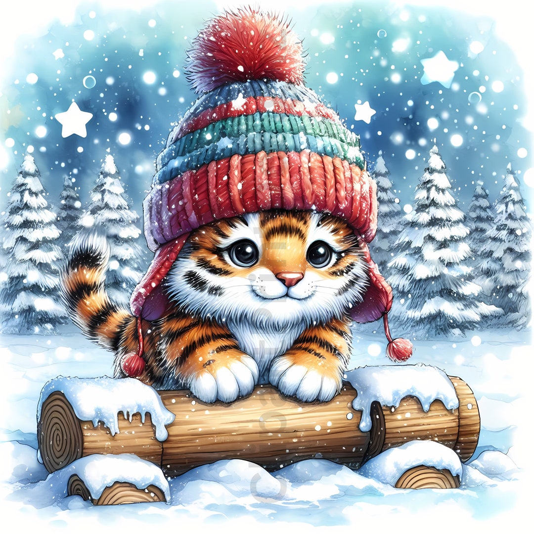 Cute Winter Tiger Clipart Bundle, Festive Watercolor Clip Art Images ...
