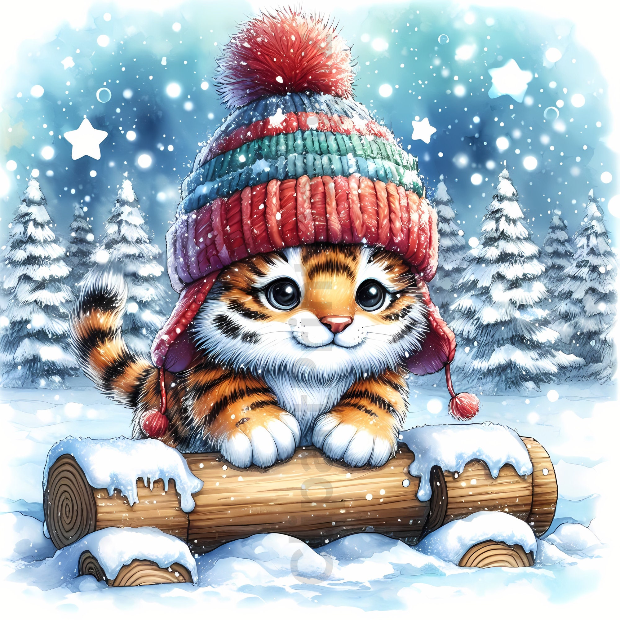 Cute Winter Tiger Clipart Bundle, Festive Watercolor Clip Art Images ...