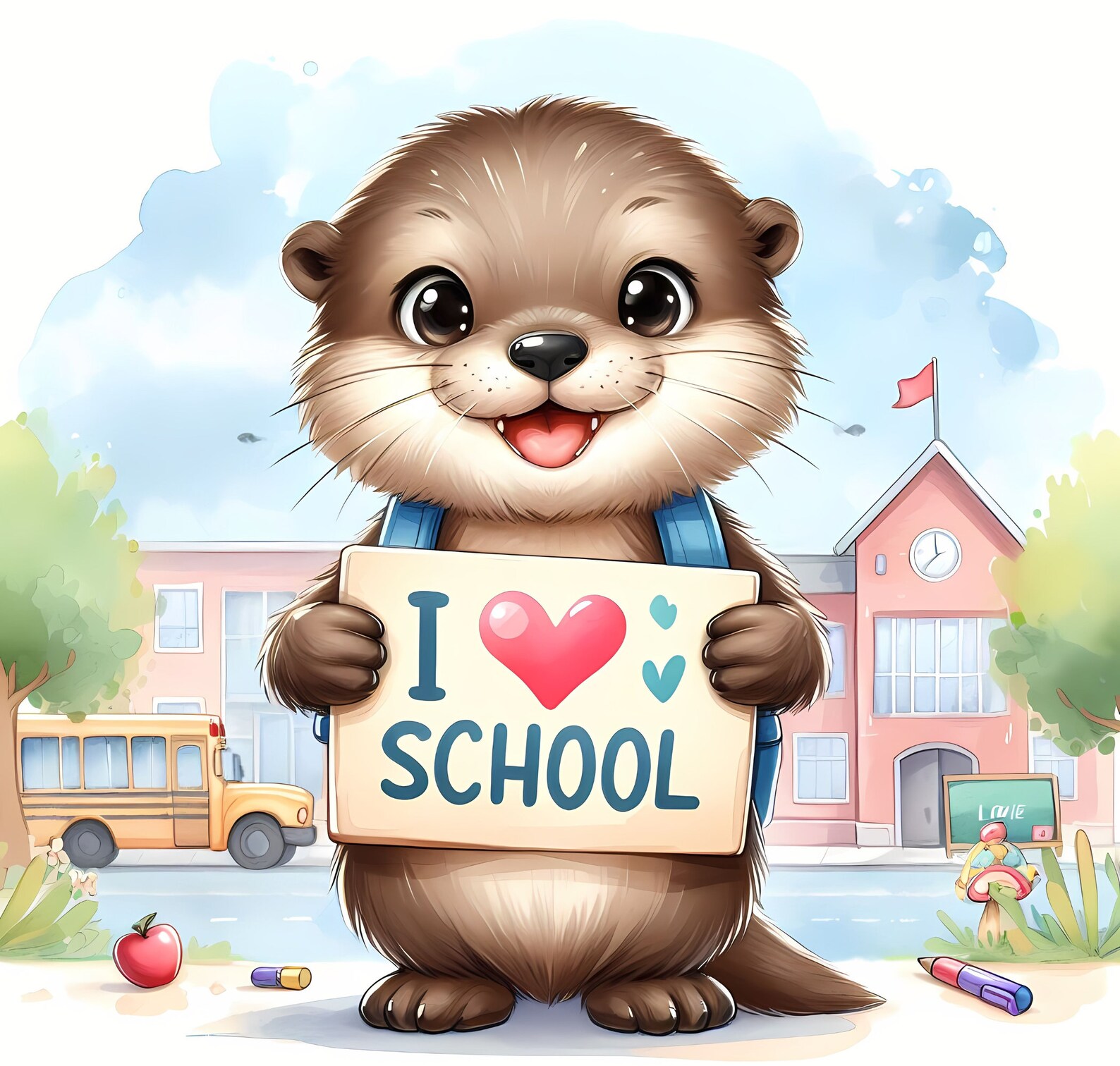 Cute Back to School Otters Clipart Bundle, Watercolor Otter Clip Art ...