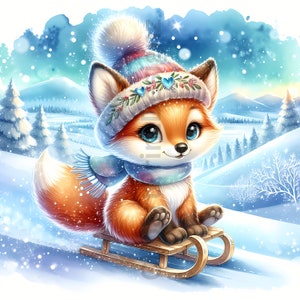 Cute Winter Animals Sledding Clipart Bundle, Festive Watercolor Clip ...