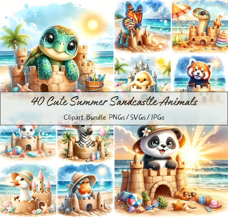 Cute Summer Sandcastle Animals Clipart Bundle, Watercolor Ocean Clip ...
