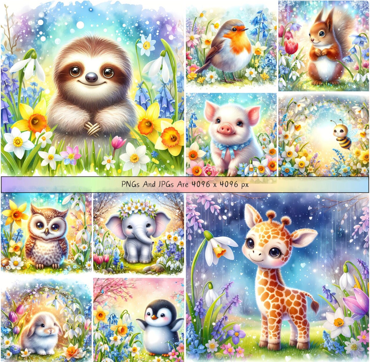 Mega Cute Spring Animals and Flowers Clipart Bundle, Watercolor Clip ...